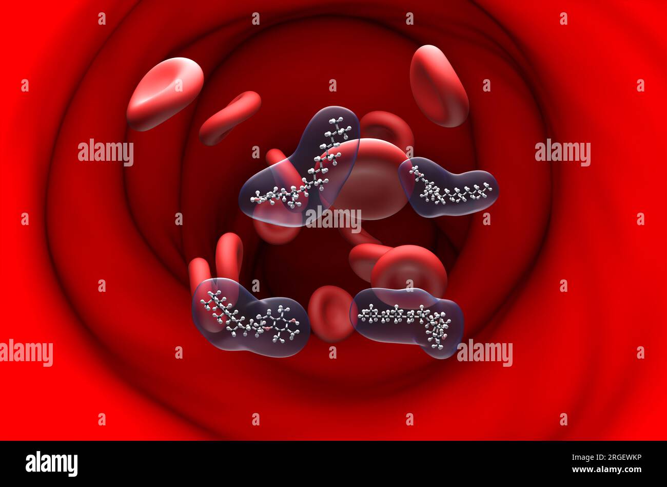 Vitamin E structure in the blood flow - ball and stick section view 3d ...