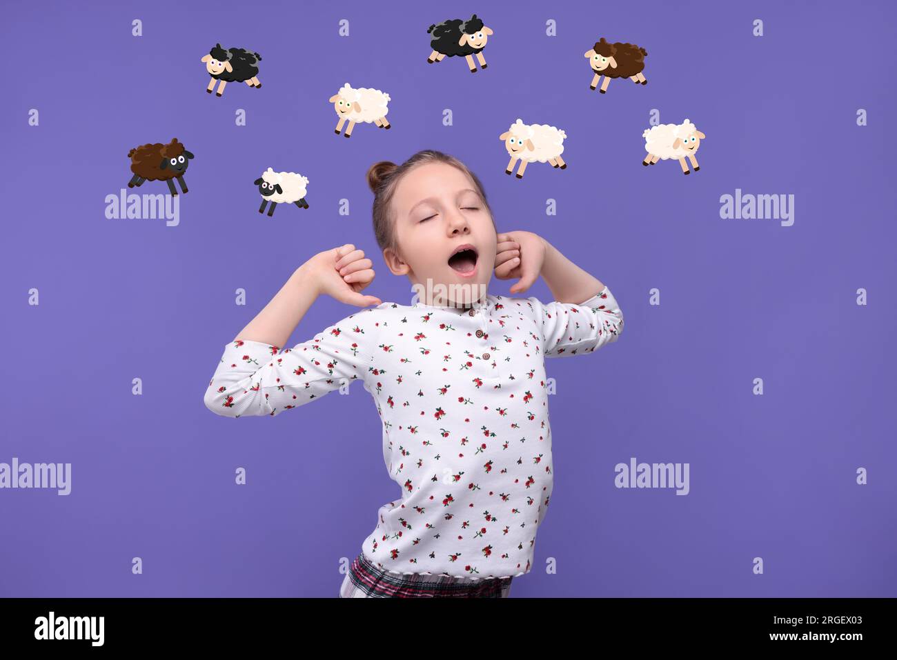 Insomnia problem. Sleepy girl yawning and stretching on purple ...