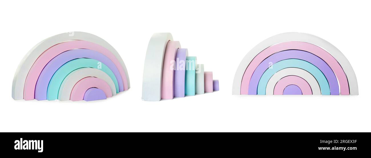 Rainbow in pastel colors isolated on white, different angles. Collage ...