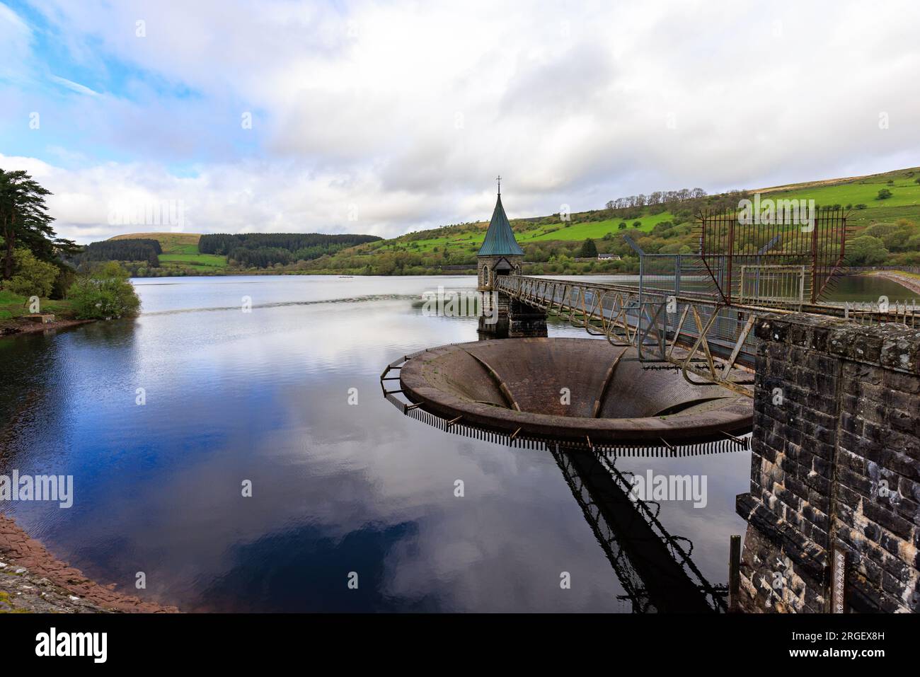 The valve tower at Pontsticill Reservoir near Merthyr Tydfil, Wales, UK ...