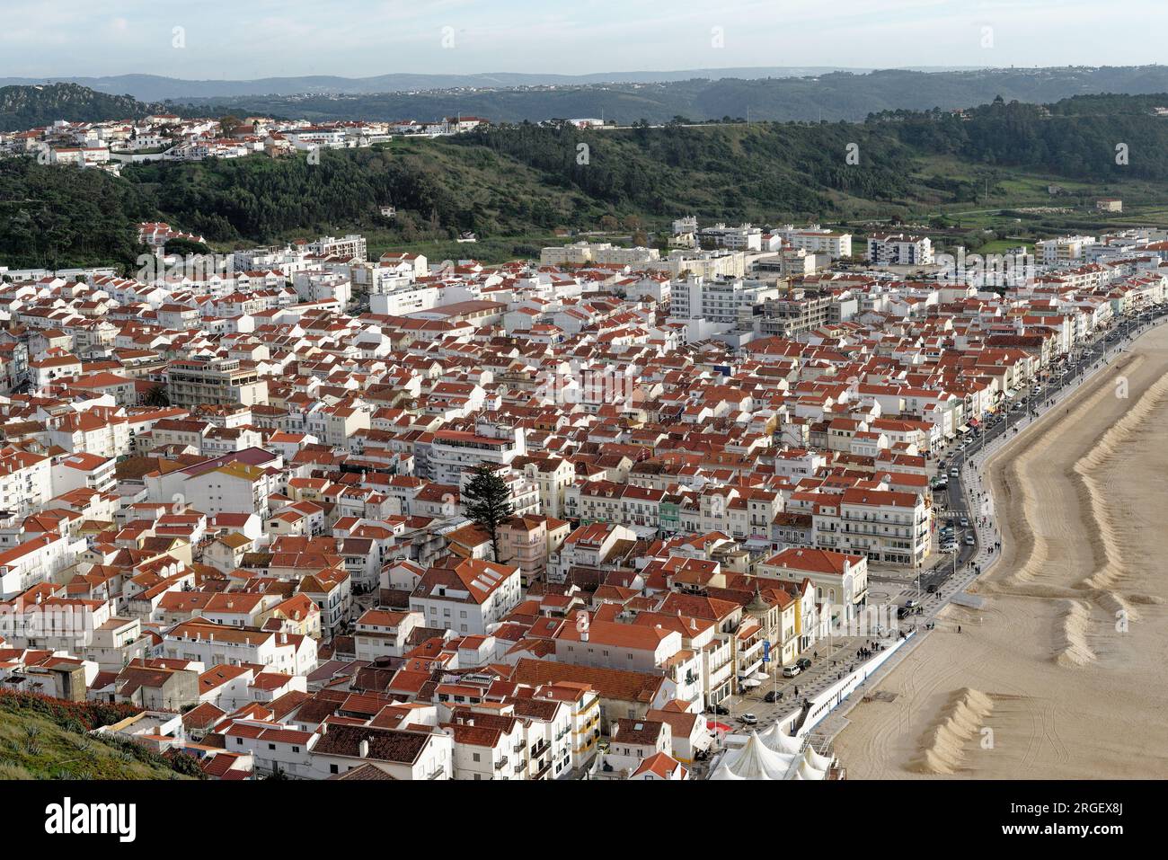 Town of Nazare, Portugal - view below the cliffs. Top view of Nazare ...
