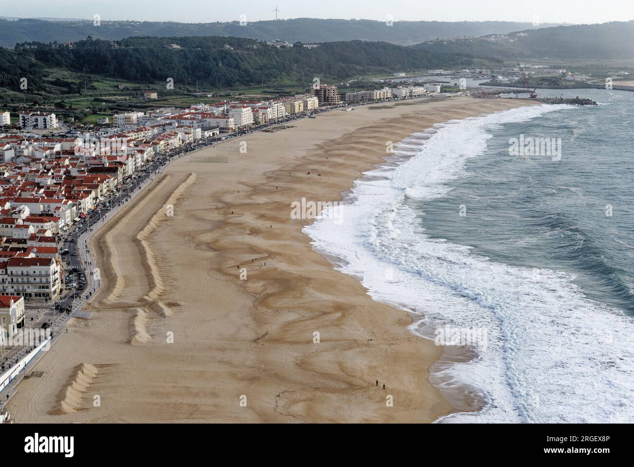 Town of Nazare, Portugal - view below the cliffs. Top view of Nazare ...