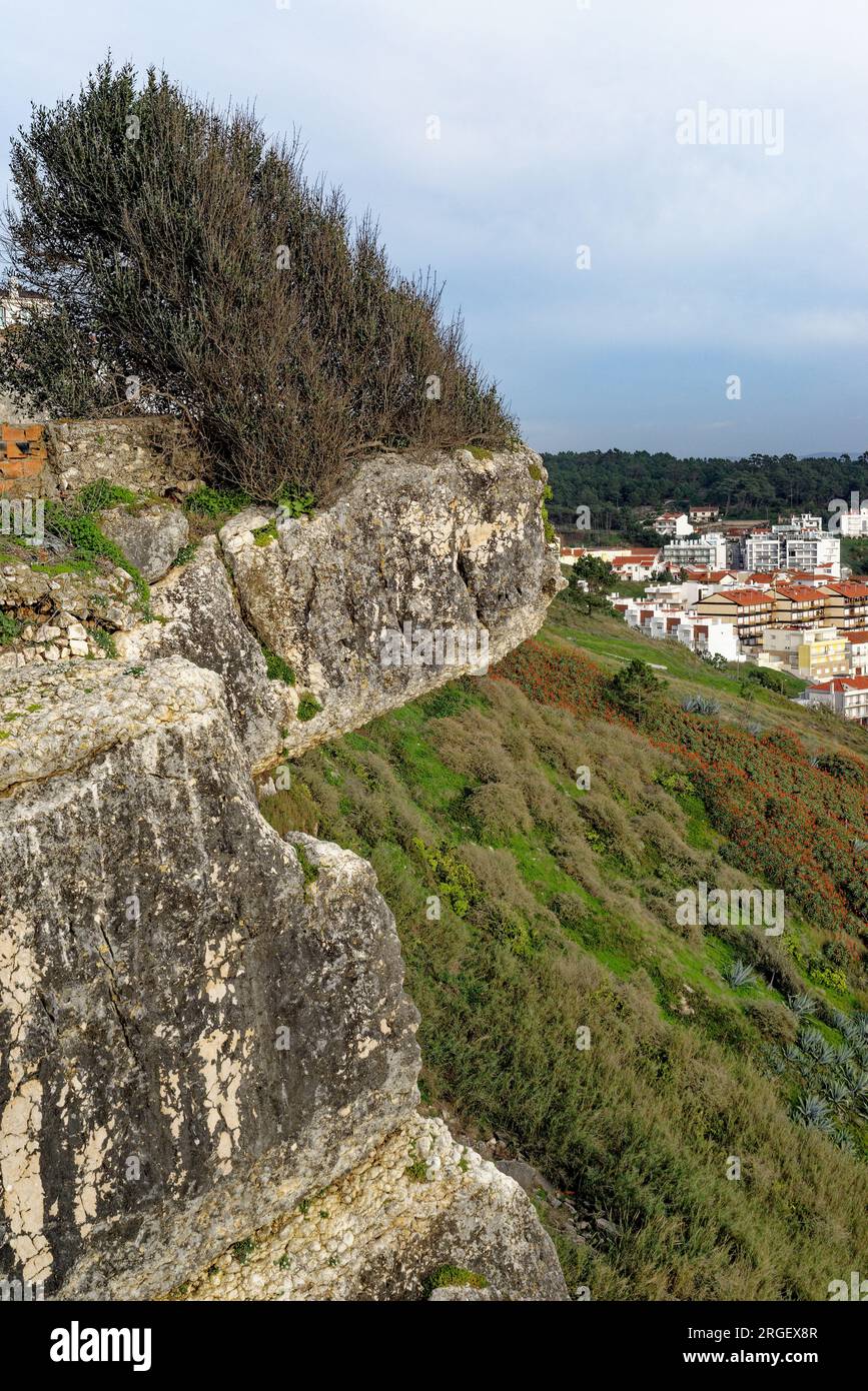 Town of Nazare, Portugal - view below the cliffs. Top view of Nazare ...