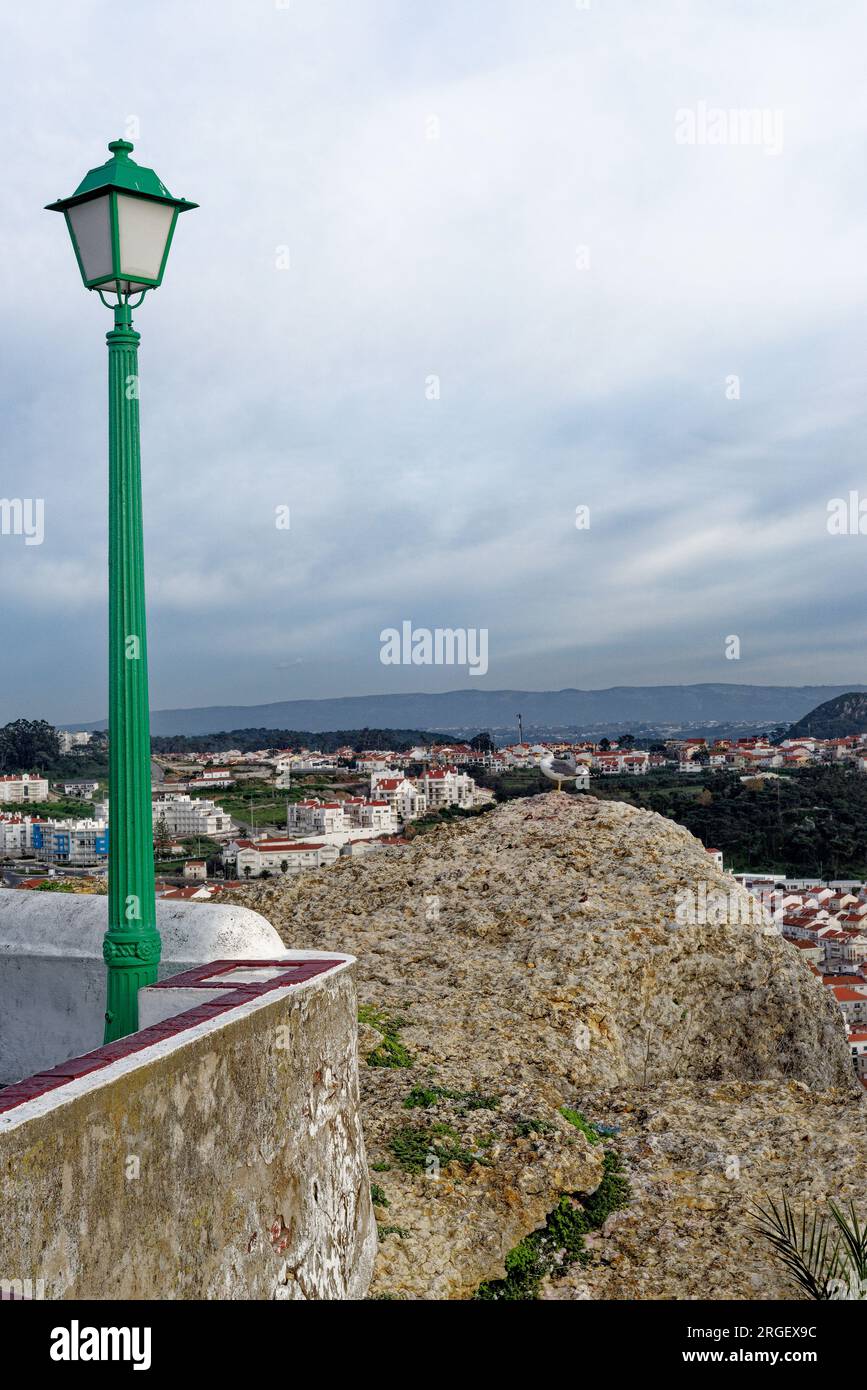 Town of Nazare, Portugal - view below the cliffs. Top view of Nazare ...