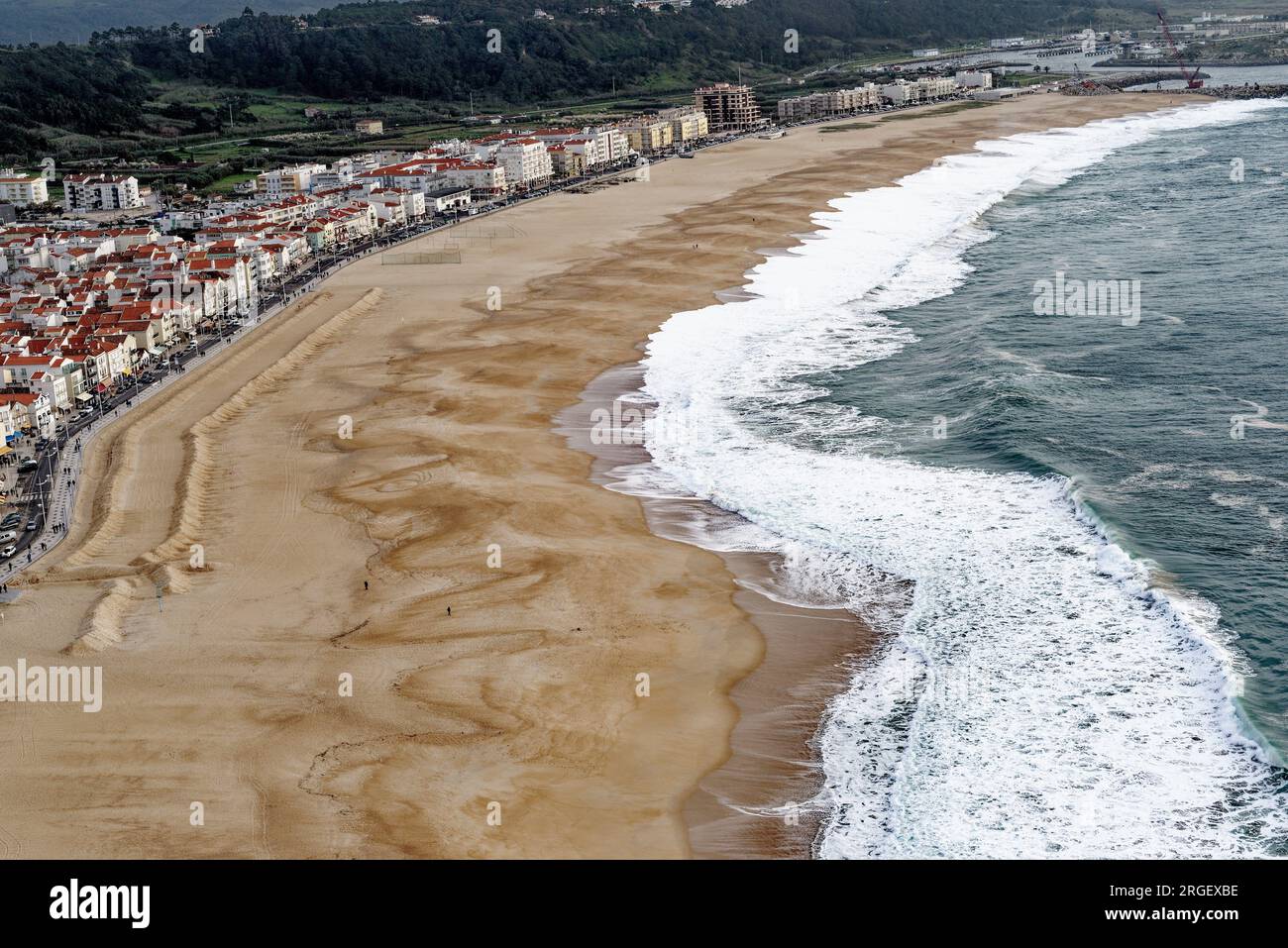 Town of Nazare, Portugal - view below the cliffs. Top view of Nazare ...