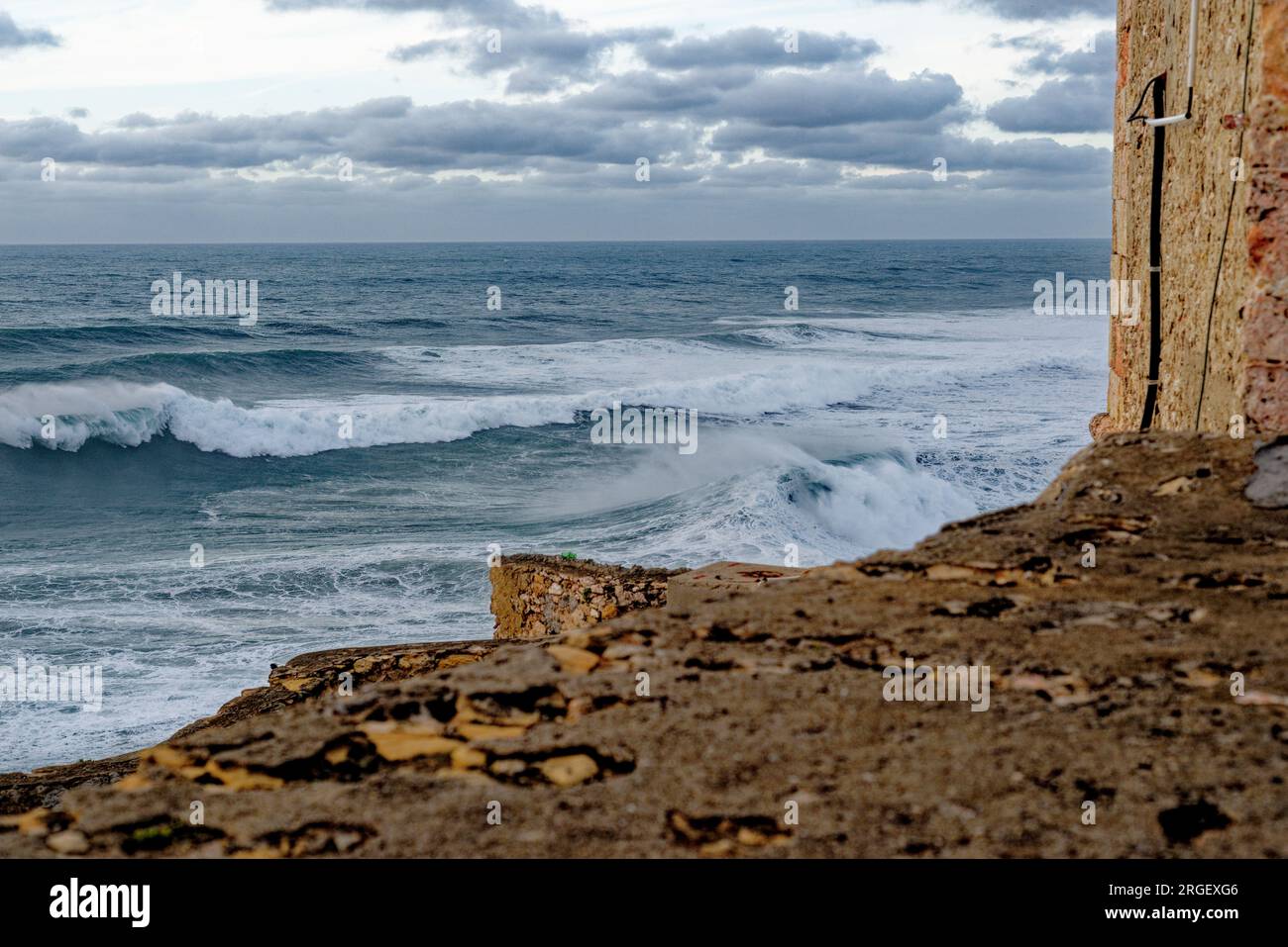 View at the Atlantic ocean in Nazare town, Portugal. Large wave ...