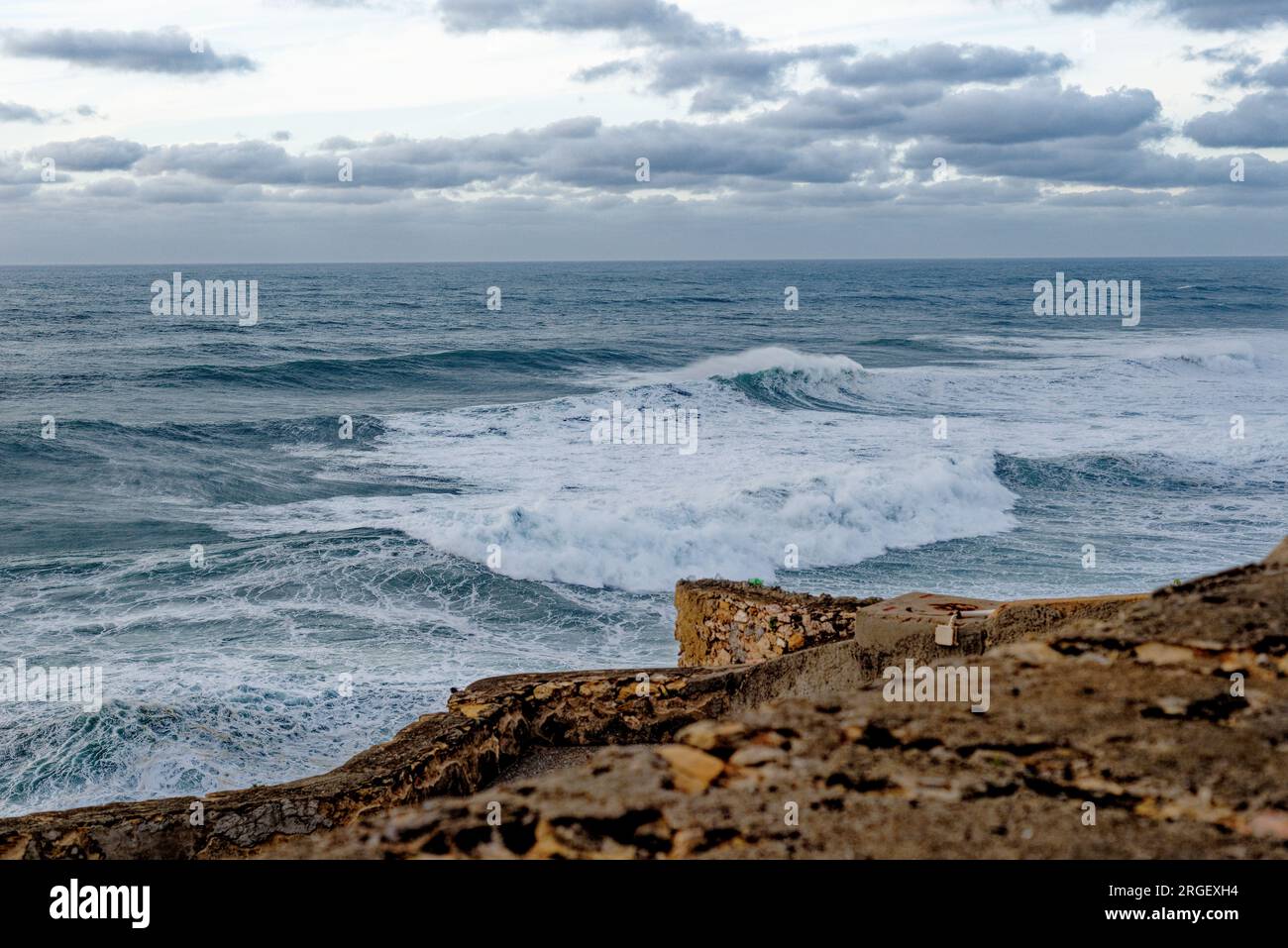 View at the Atlantic ocean in Nazare town, Portugal. Large wave ...