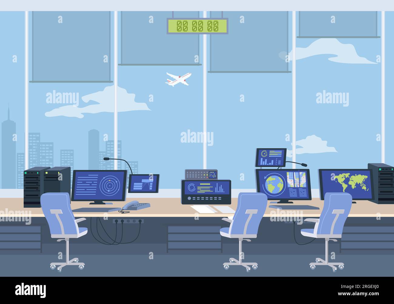 Airport control room with computer and surveillance technology Stock ...