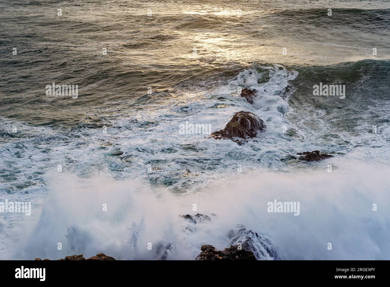 View at the Atlantic ocean in Nazare town, Portugal. Large wave ...