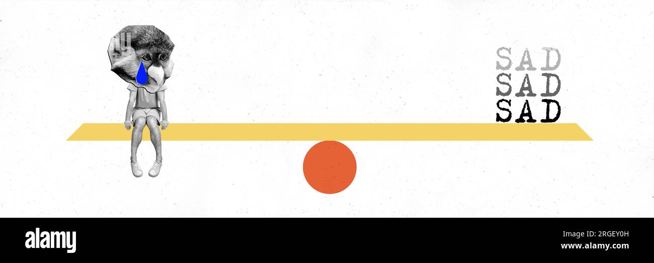 Collage artwork graphics picture of crying chimp sitting swing feeling ...