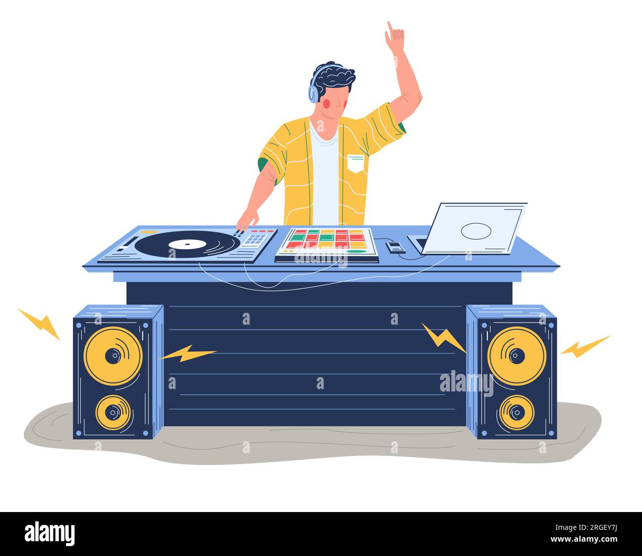 Young man dj standing at turntable mixing tracks vector illustration ...