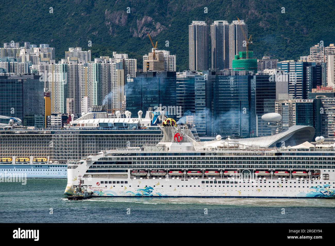 Hong Kong. 04th Aug, 2023. Two cruise ships dock at the Kai Tak Cruise ...
