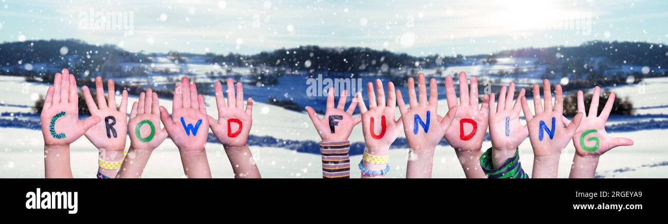 Children Hands Building Word Crowd Funding, Winter Background Stock ...