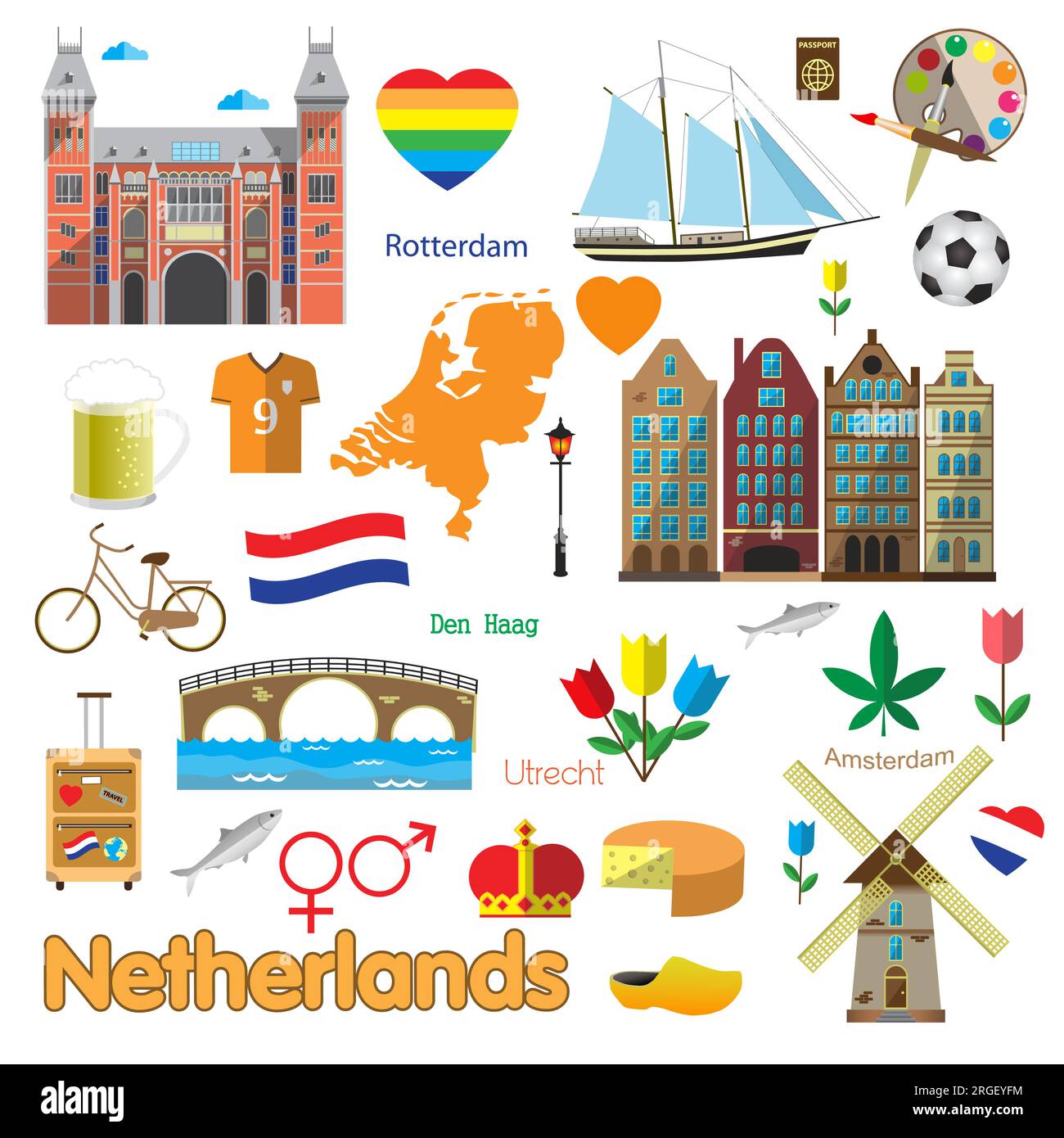 Netherlands symbolics and holland travel icons isolated set Stock ...
