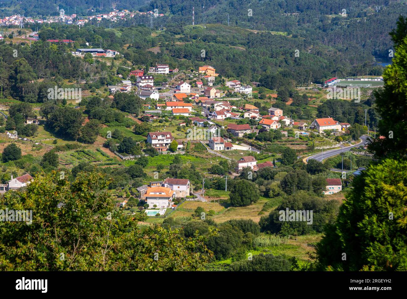 View north over countryside and villages from Castelo de Soutomaior ...