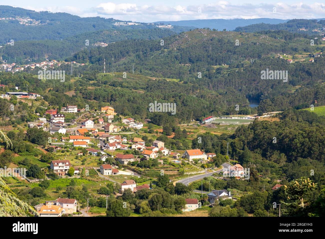 View north over countryside and villages from Castelo de Soutomaior ...