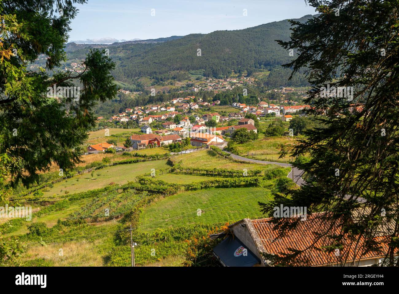 View north over countryside and villages from Castelo de Soutomaior ...