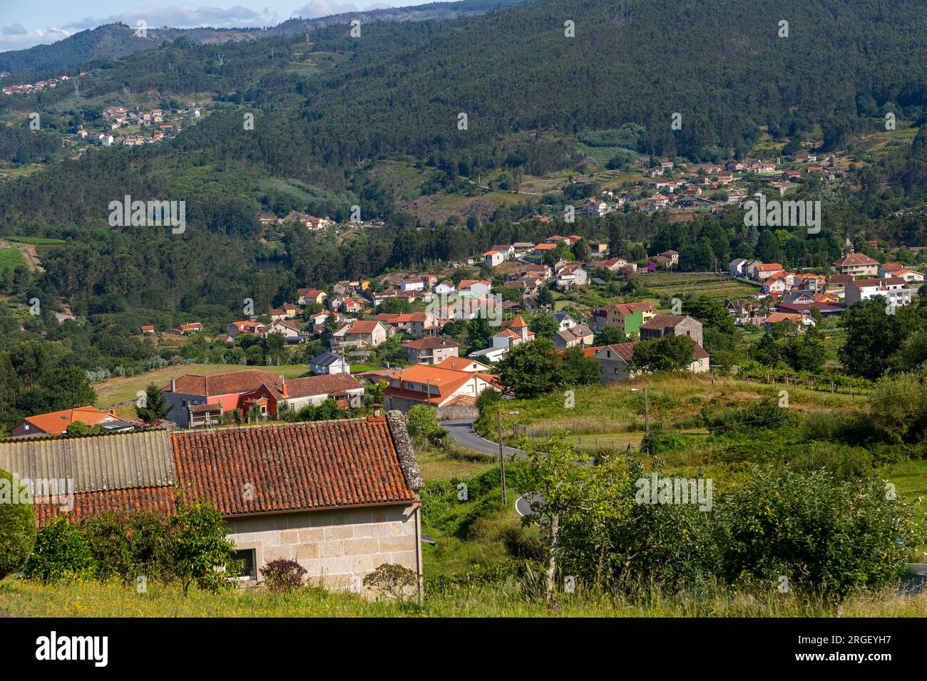 View north over countryside and villages from Castelo de Soutomaior ...