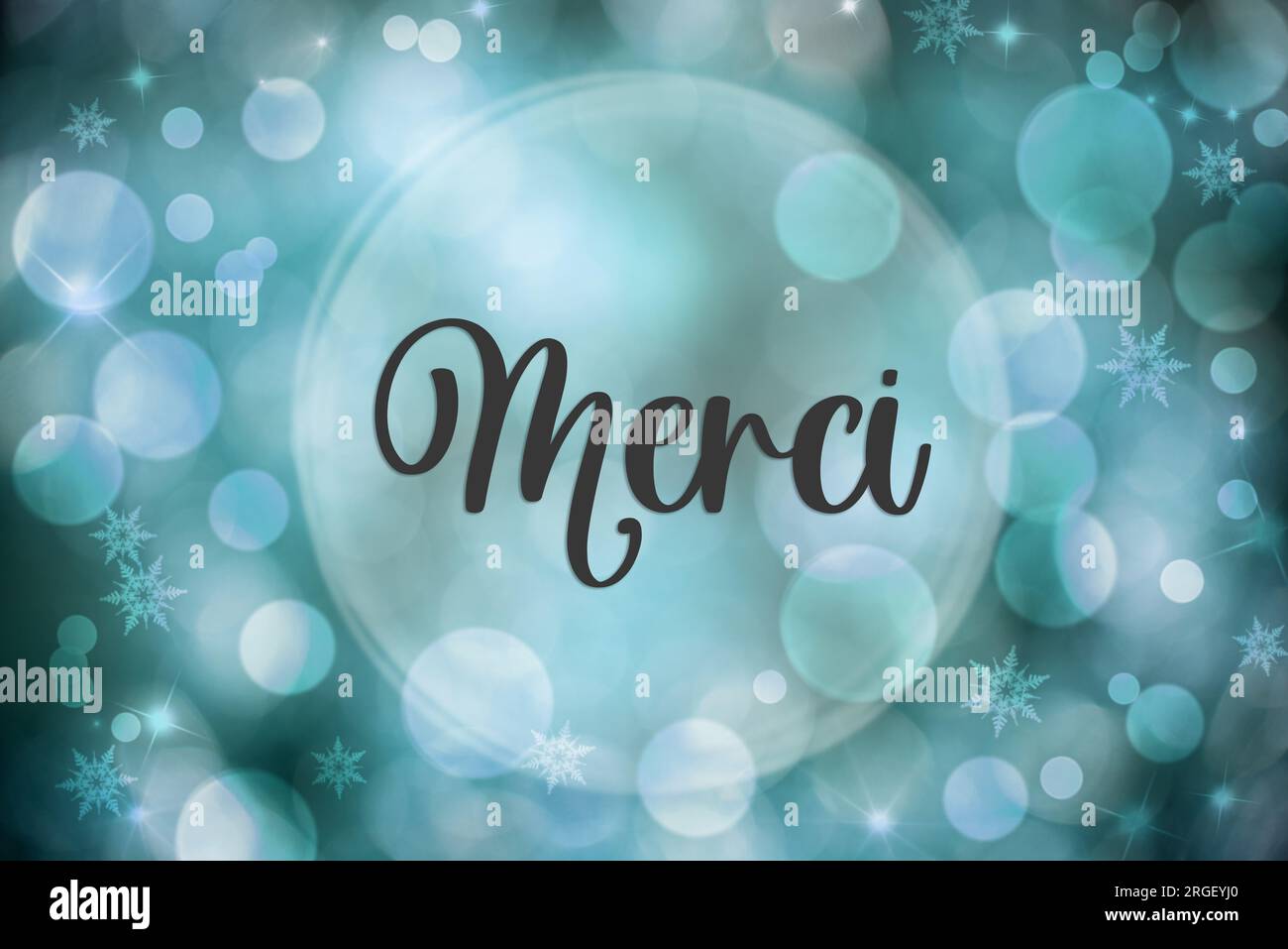 Blue and Blurry Christmas Background With French Text Merci Stock Photo ...