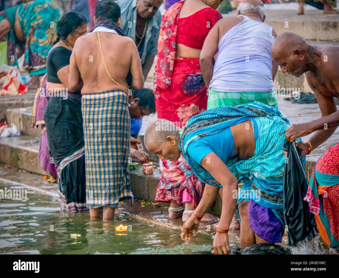 Varanasi, India - November 12, 2015. Hindu pilgrims who have bathed in ...