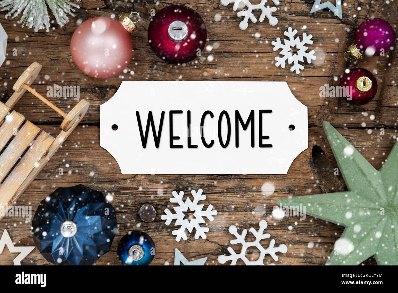 Festive And Snowy Christmas Background With Text Welcome Stock Photo ...
