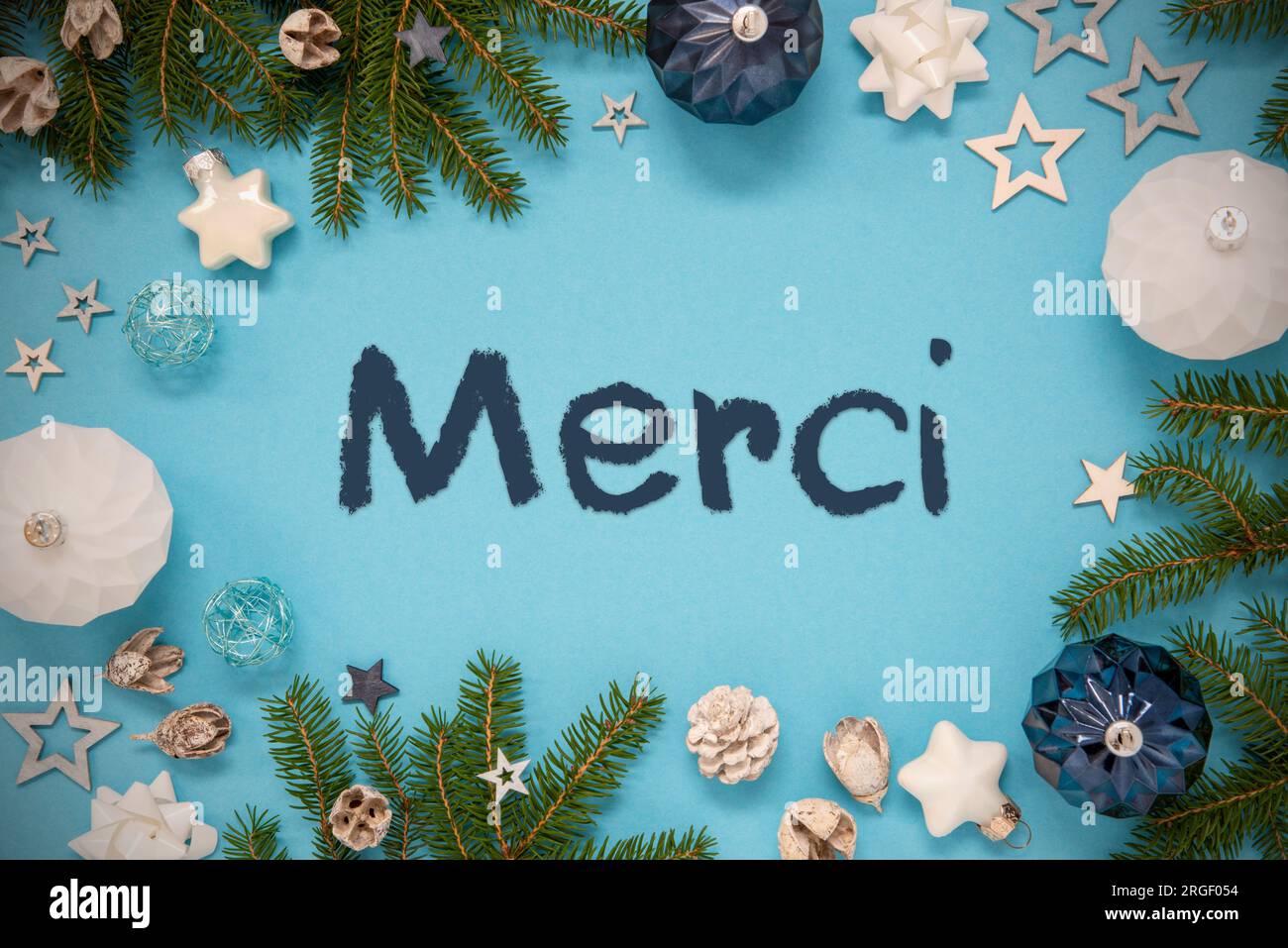 Turquoise Christmas Card, Fir Branch, French Text Merci Means Thank You ...