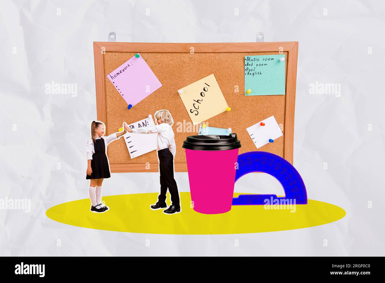 Collage picture of two mini schoolkids hands give high five finish task ...