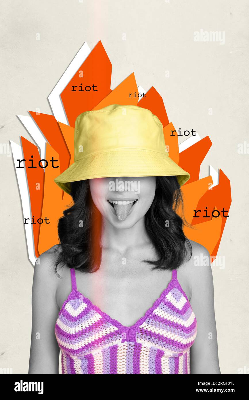 Photo of brunette lady hide face tongue out stylish yellow hat panama ...