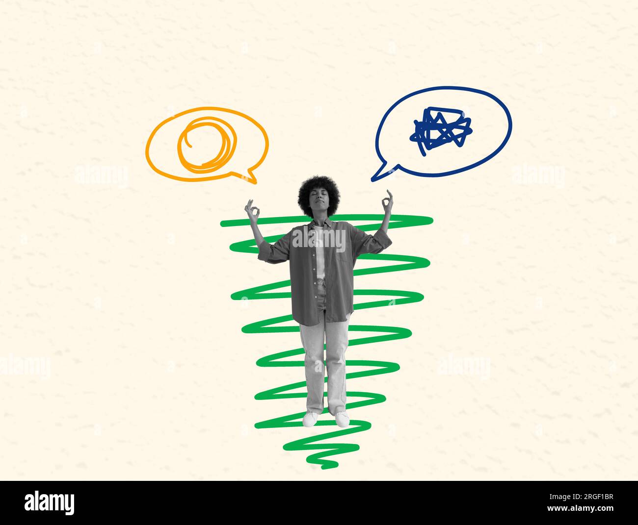 Collage with thinking woman as concept of decision making and positive ...