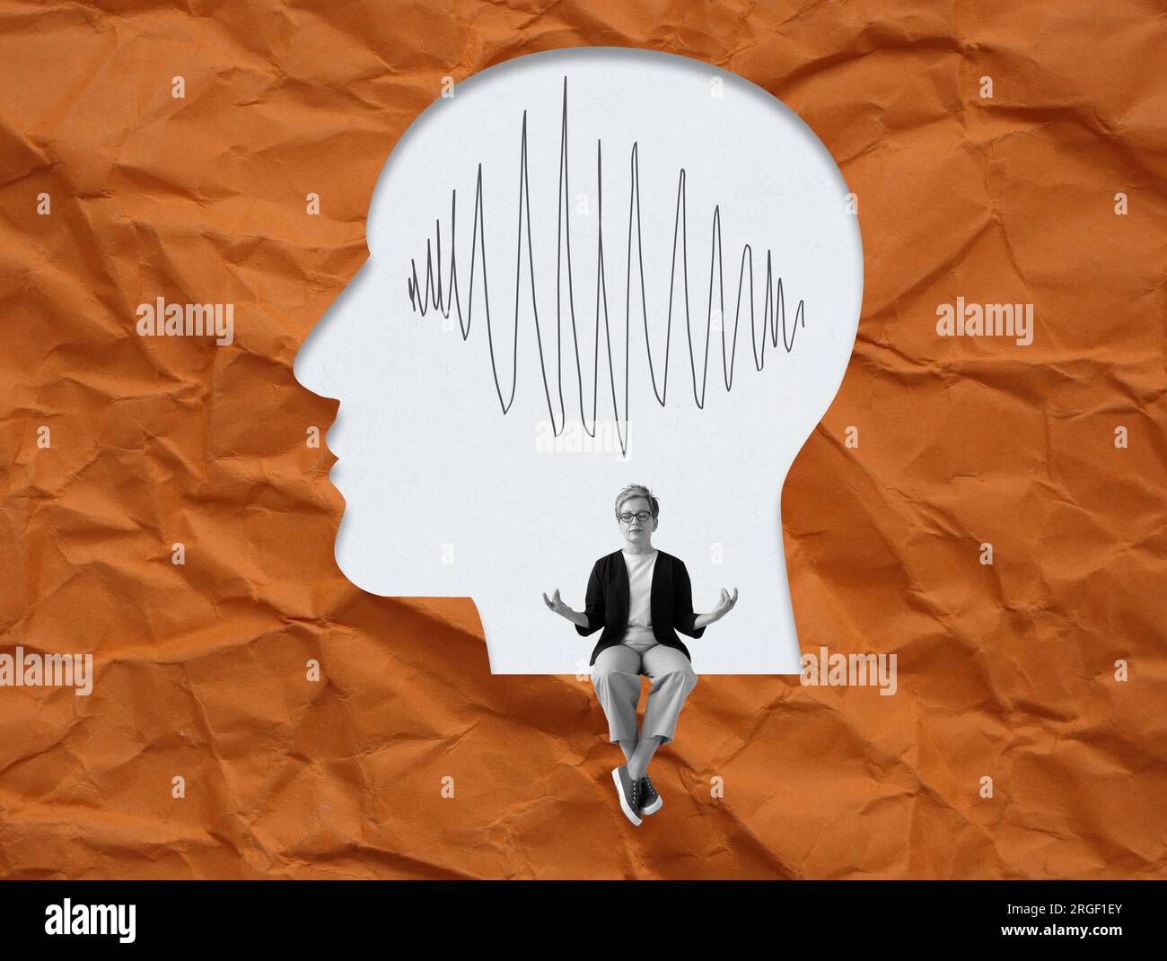 Collage of the shape of a head and a meditating woman. Mental health ...