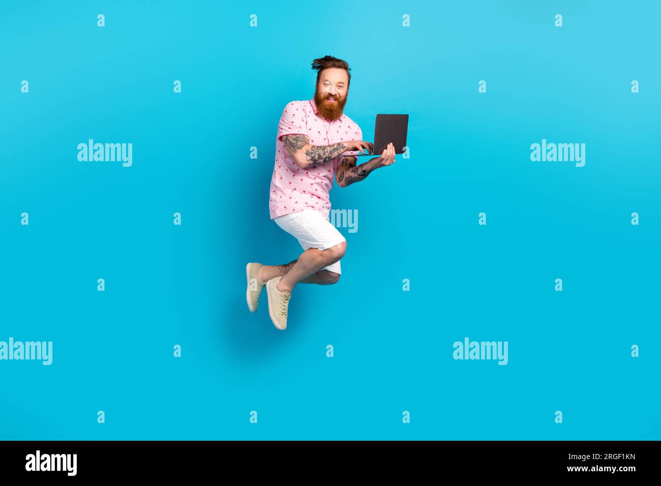 Full body profile photo of excited cheerful person jump rush use ...