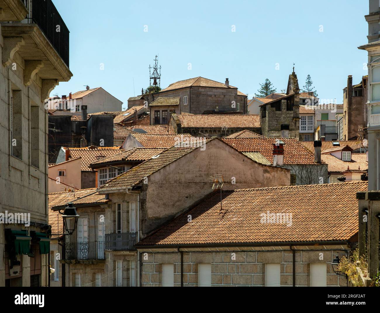 Rooftops of historic buildings in centre of medieval town, Ribadavia ...
