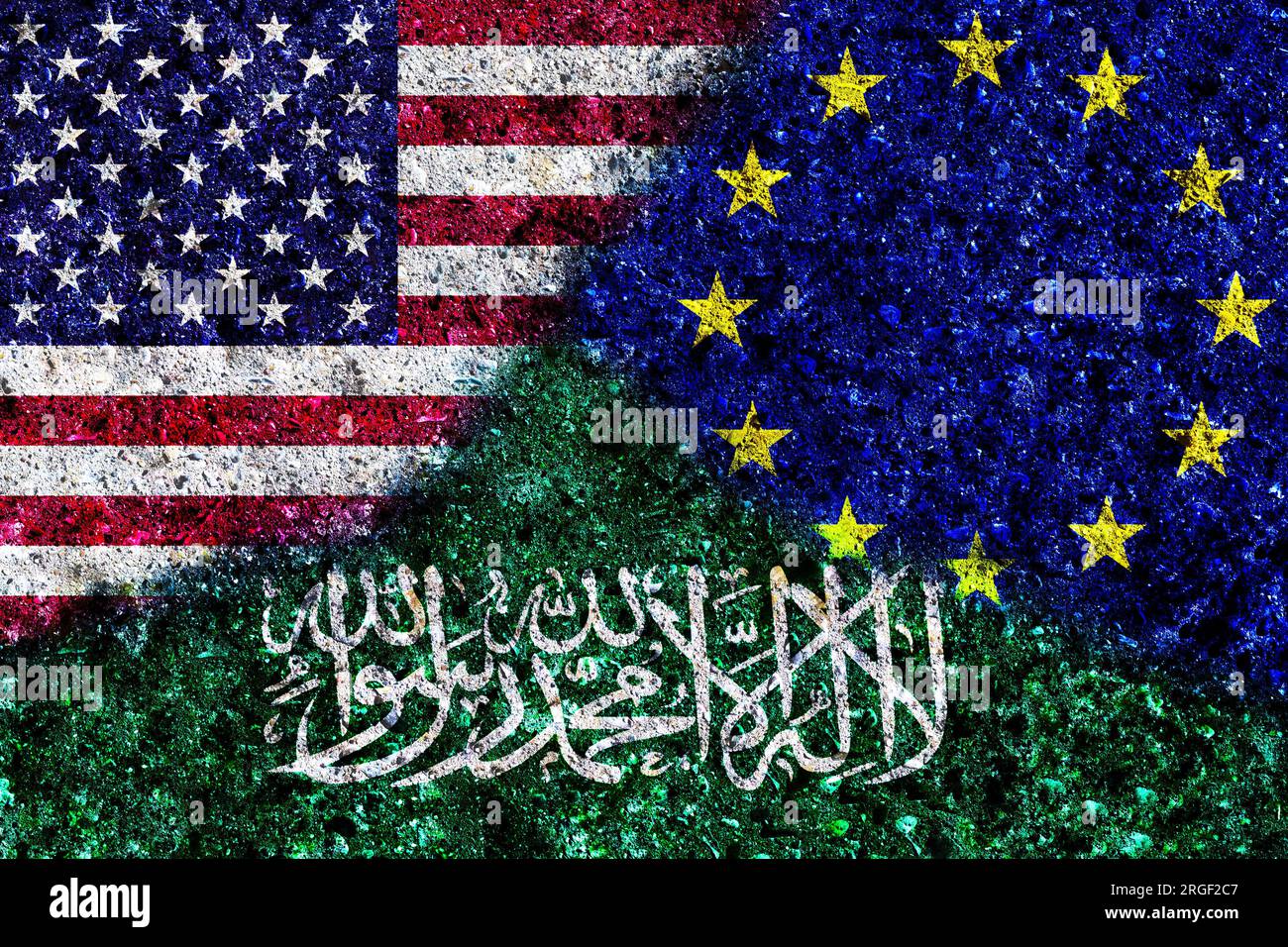 Flags: USA, EU and Saudi Arabia. USA, European Union and Saudi Arabia ...