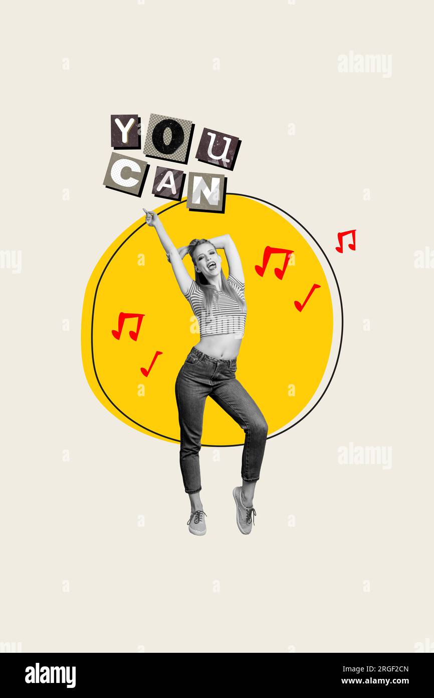 Vertical collage image of excited cheerful black white effect girl ...