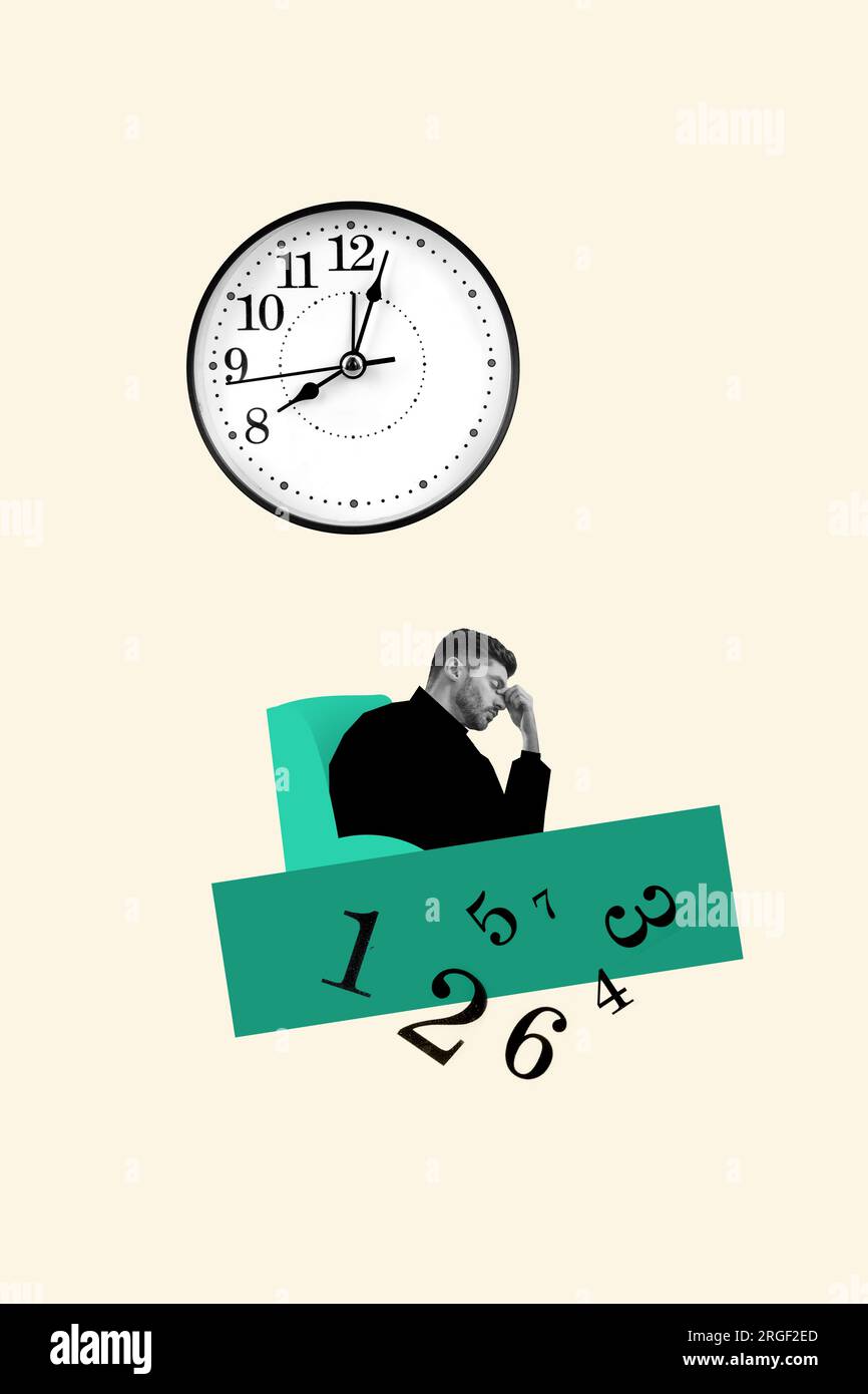 Vertical collage image of black white effect tired unsatisfied guy ...