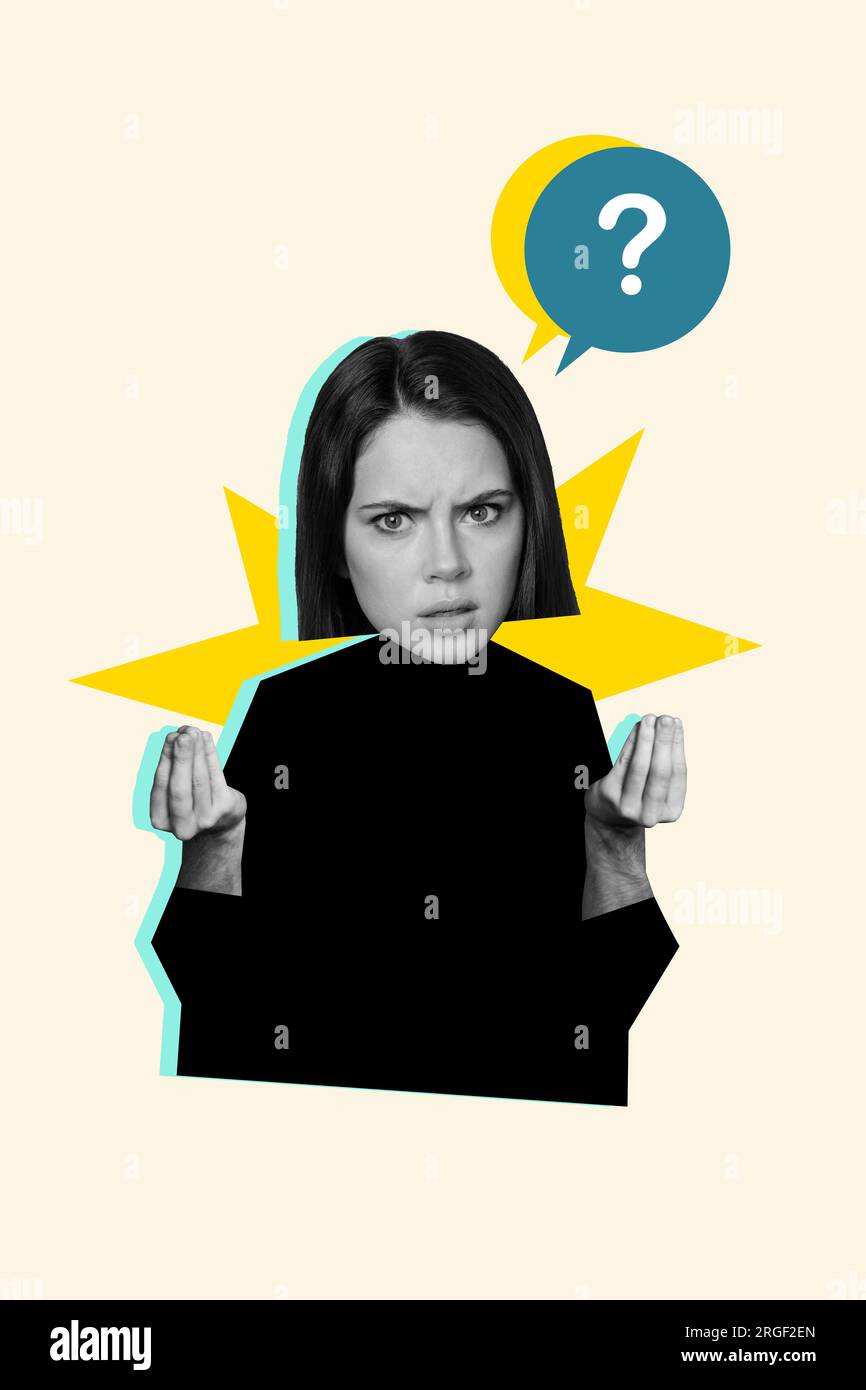 Vertical collage picture of unsatisfied angry black white colors girl ...