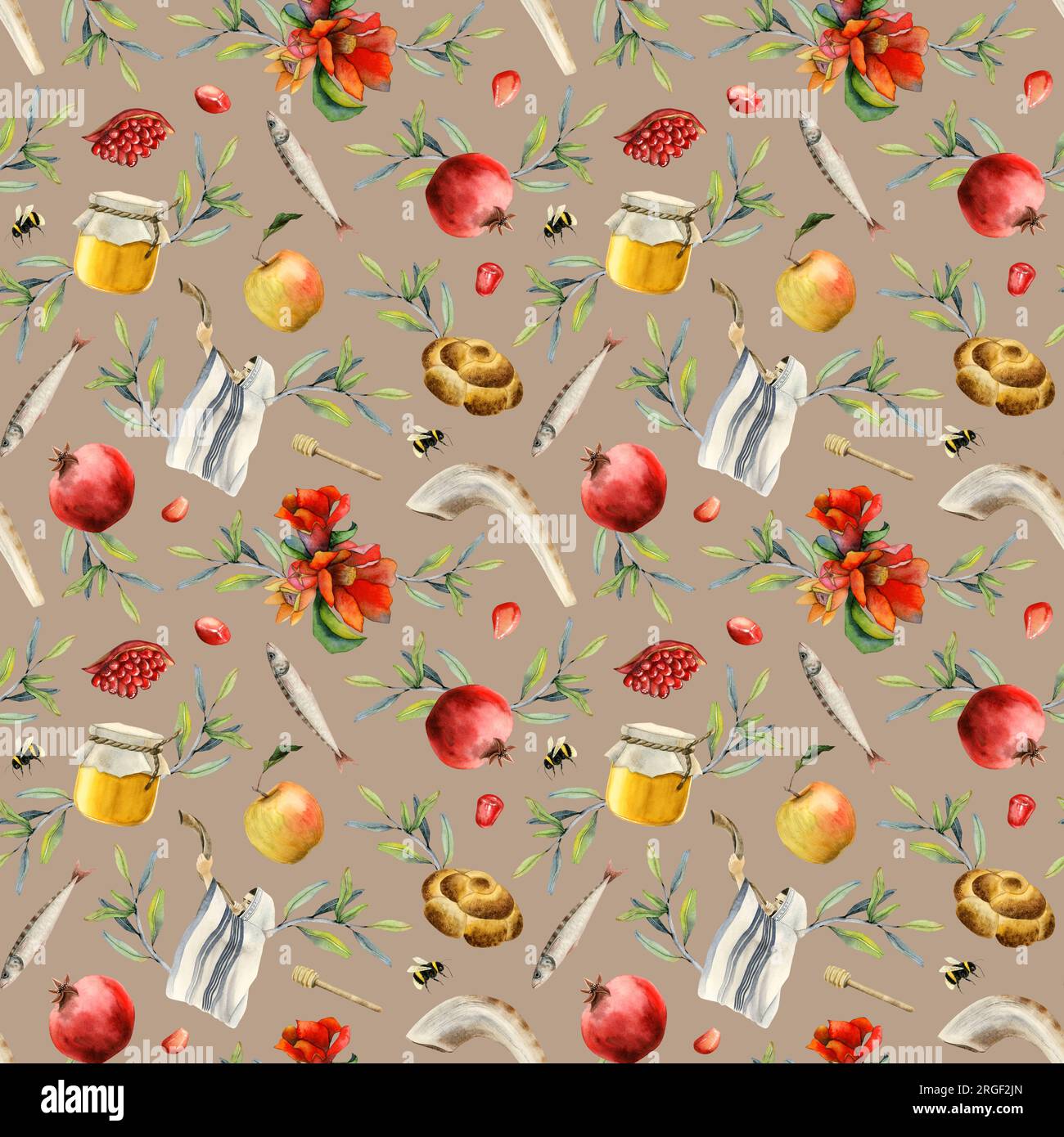 Rosh Hashana watercolor seamless pattern on elegant beige background ...