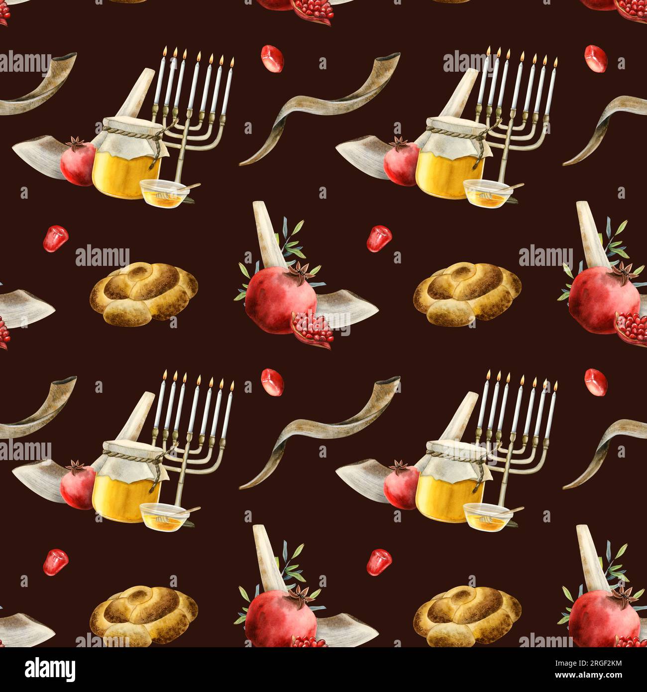 Dark brown Rosh hashanah symbols watercolor seamless pattern with ...