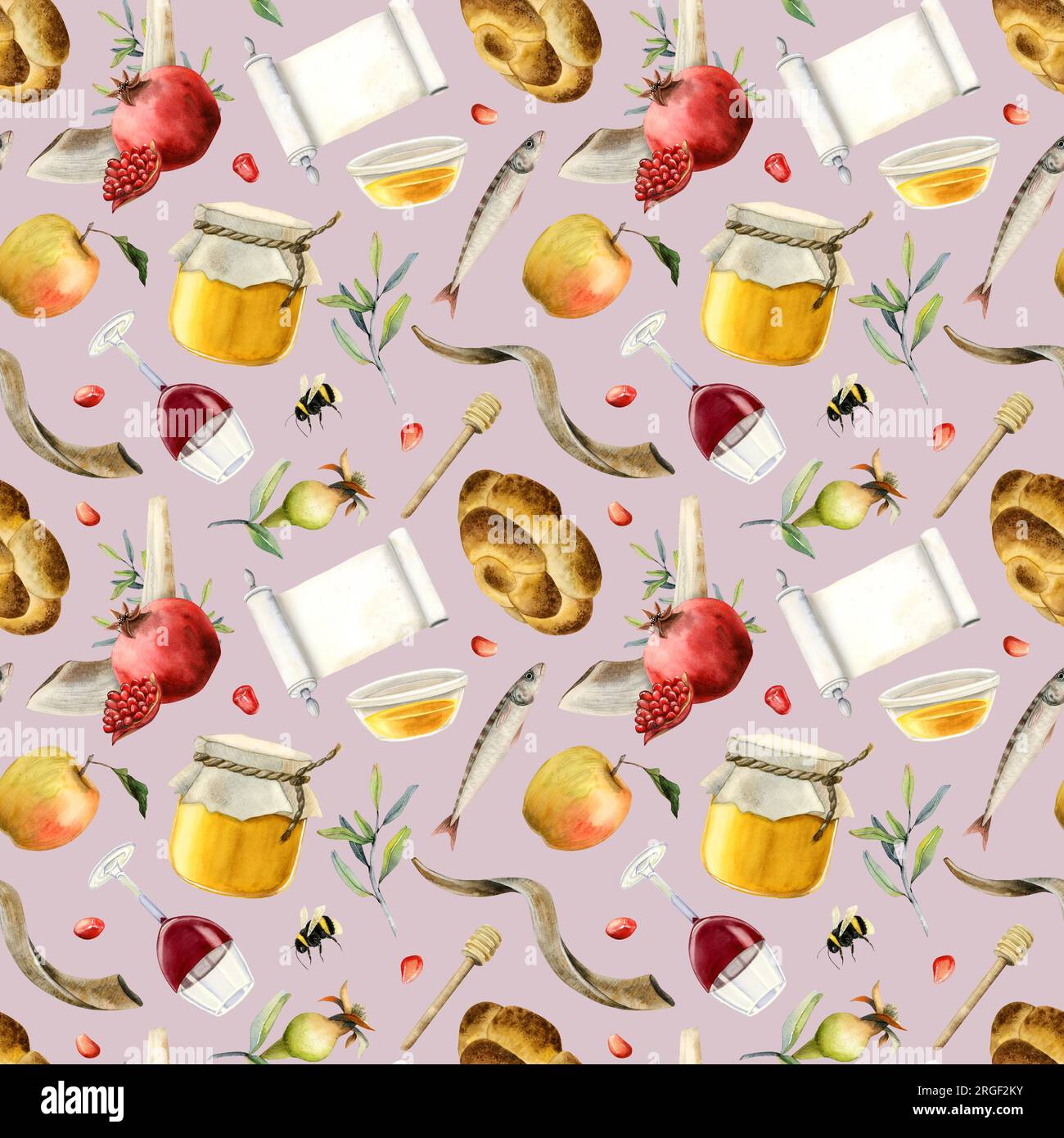 Pastel pink Watercolor Rosh Hashanah symbols seamless pattern for ...