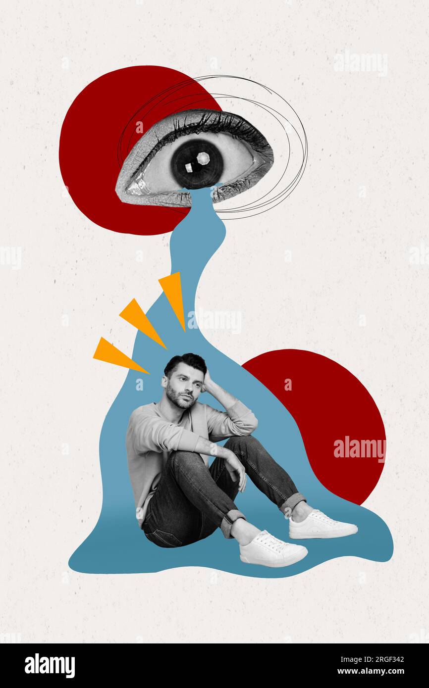 Bad mood huge eyeball artwork collage illustration of stressed guy ...