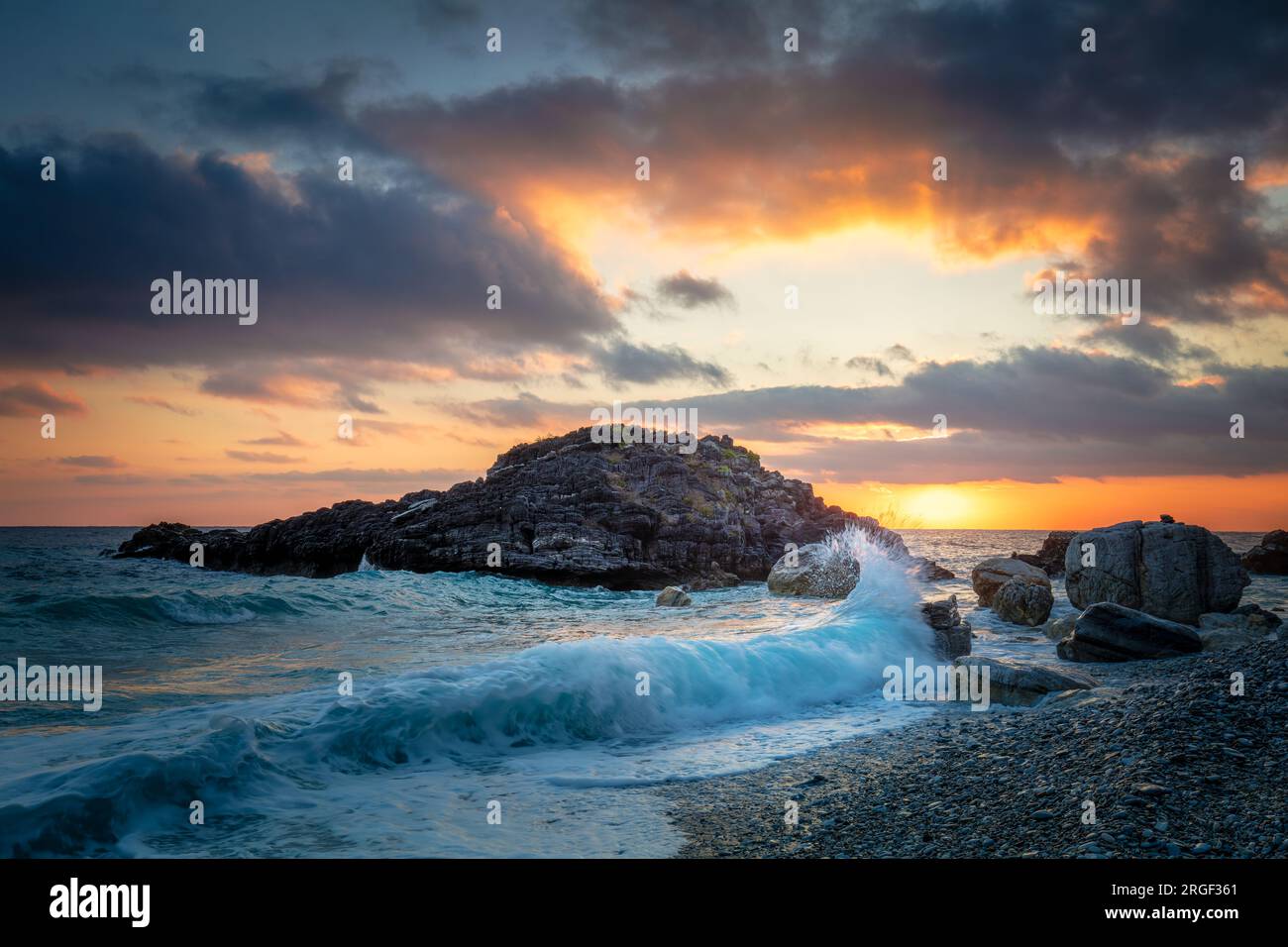Seascape. Sea Ocean Morning. Wave hit the rock at beach, sea water ...