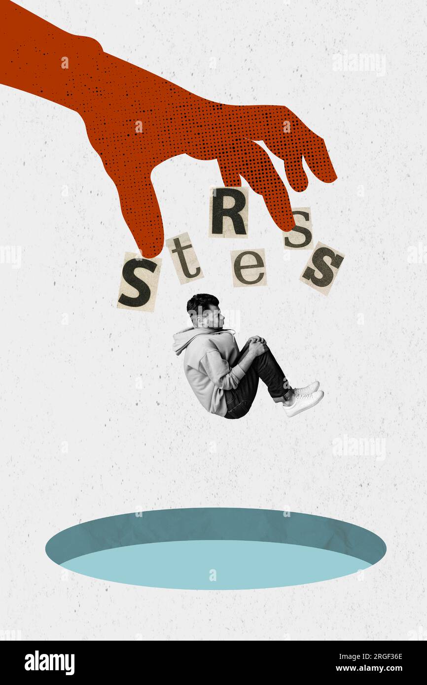 Collage artwork of young funny jumping active man jumping away from ...