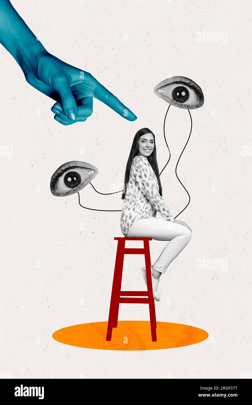 Vertical composite photo collage of big hand directing at woman sitting ...