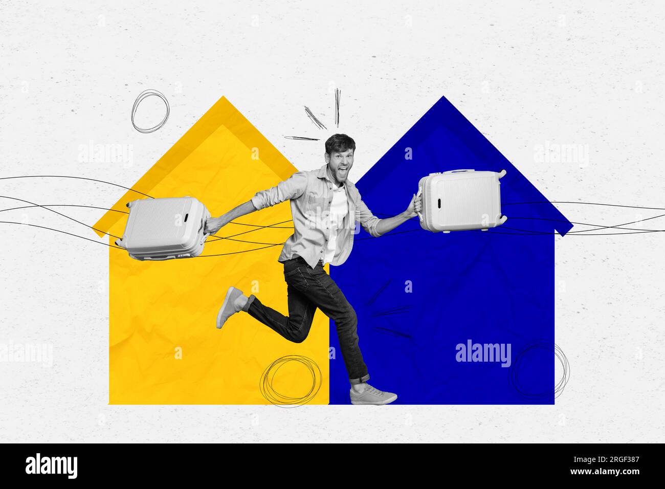 3d collage art of active guy running with suitcases valise baggage blue ...