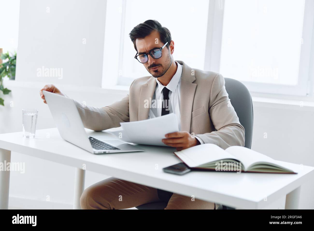 Laptop holding happy document person office company paper planning suit ...