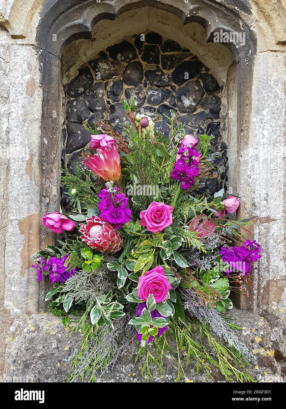 A view of a flower display outside the church in Thaxted, Essex, United ...