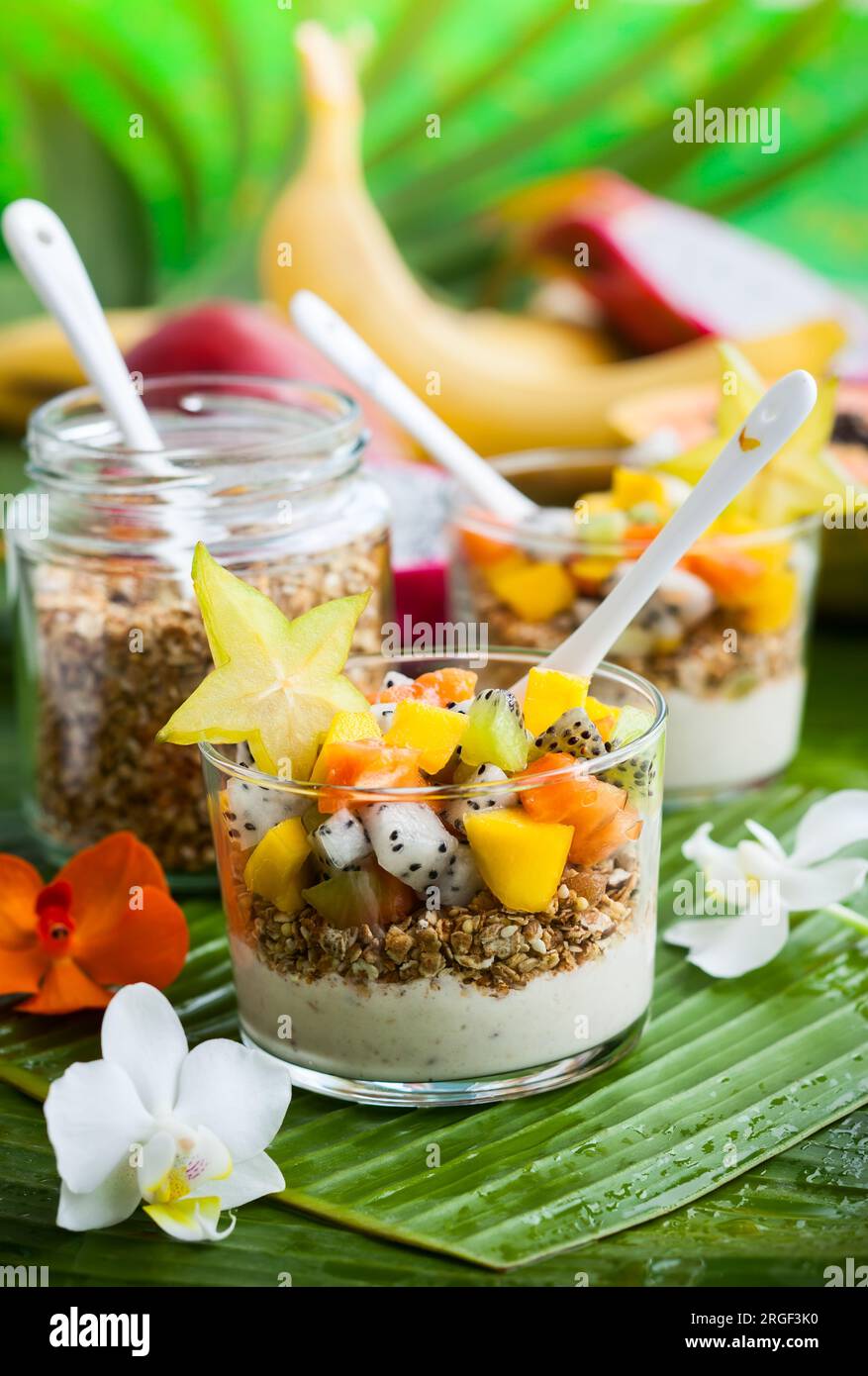 Healthy breakfast with exotic fruits, yogurt and granola Stock Photo ...