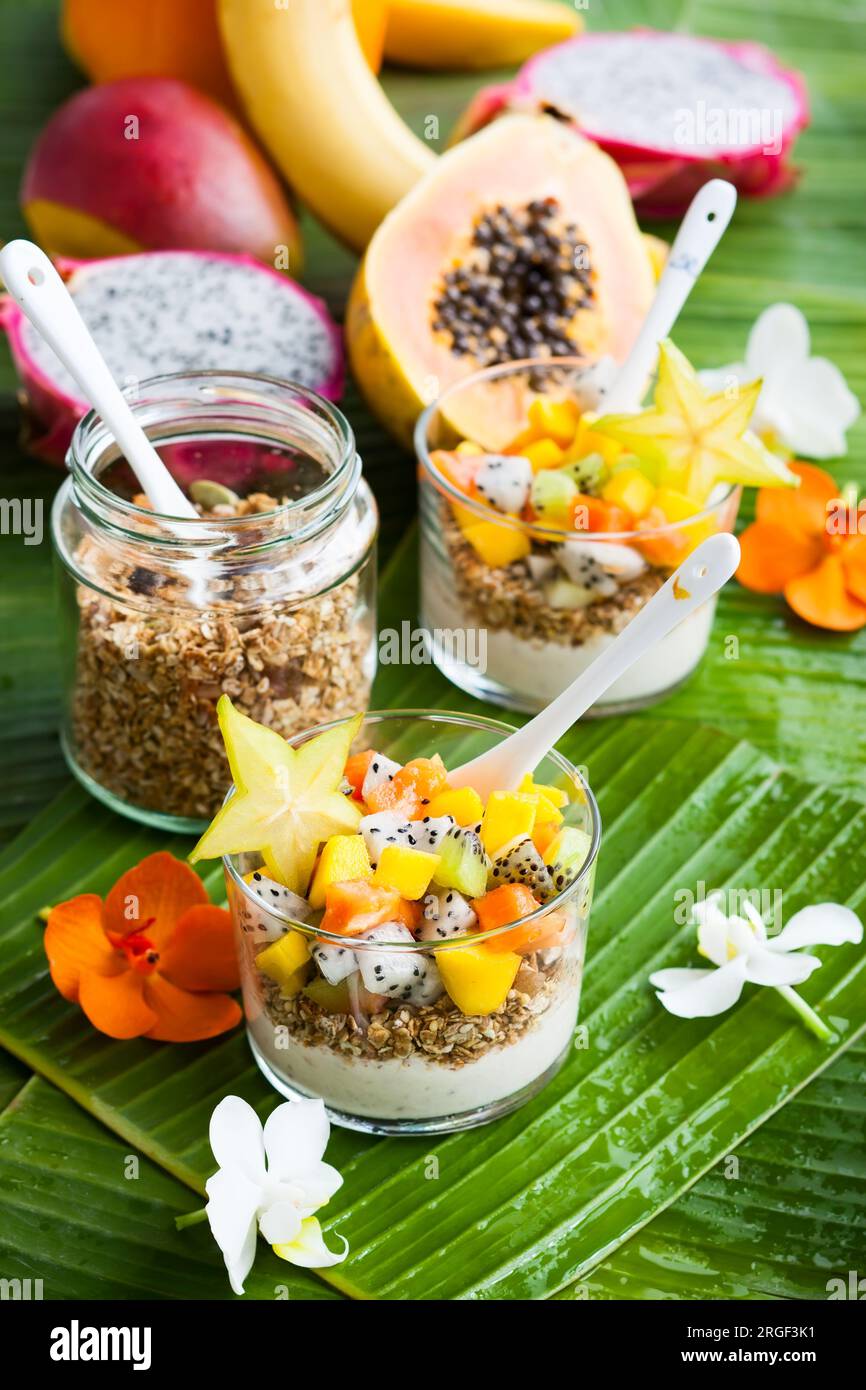 Healthy breakfast with exotic fruits, yogurt and granola Stock Photo ...
