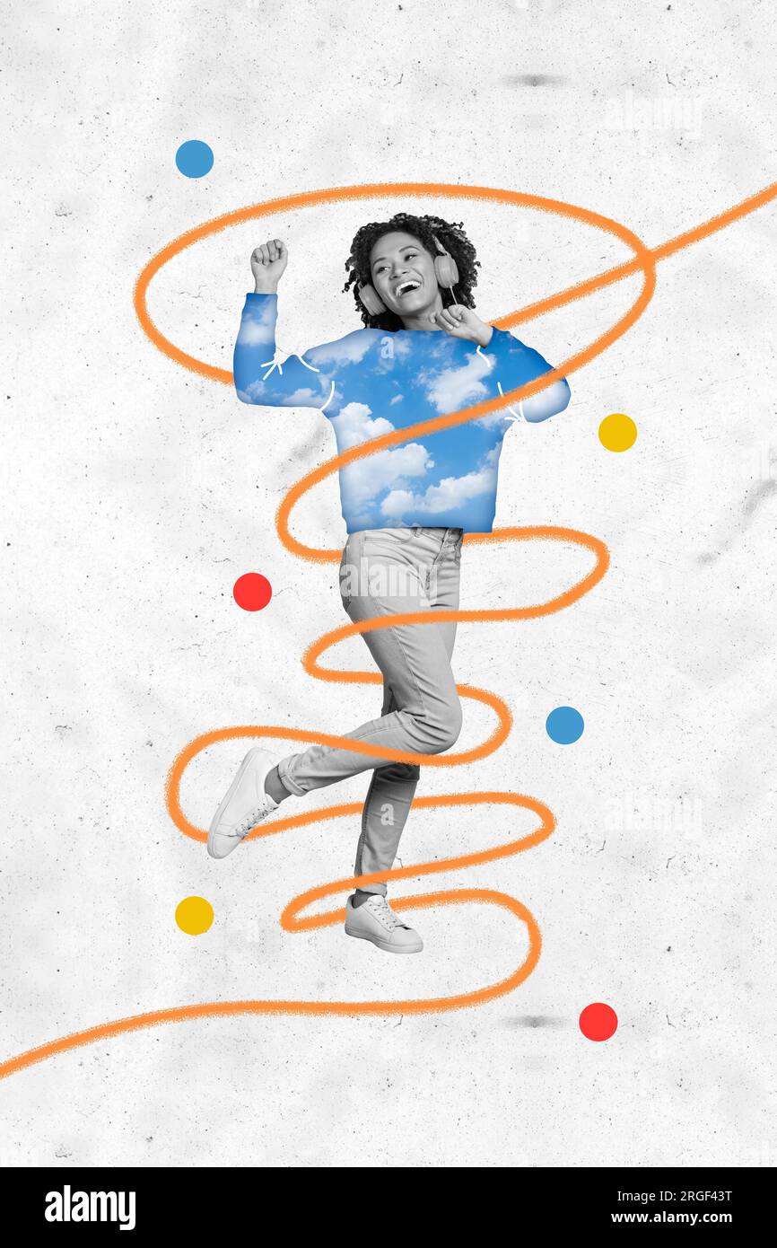 Creative collage sketch image of happy afro american girl listen song ...