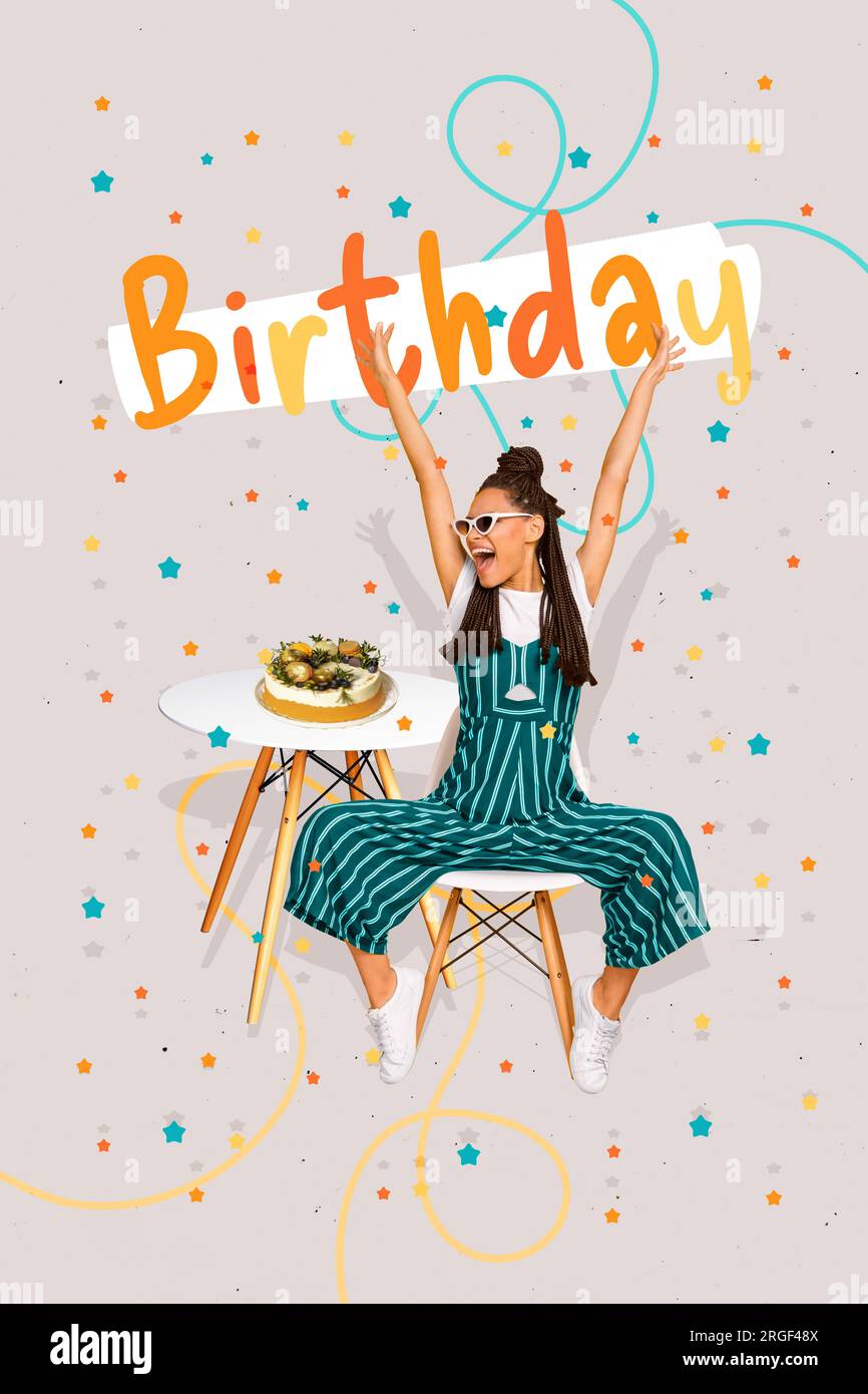 Vertical collage image of positive overjoyed girl sit chair raise hands ...